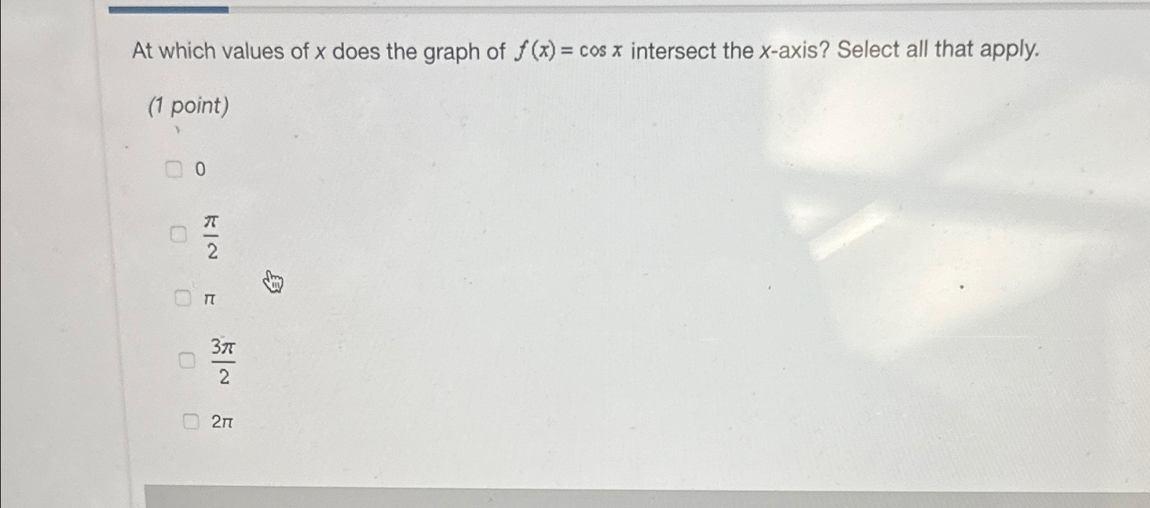 Solved At which values of x ﻿does the graph of f(x)=cosx | Chegg.com