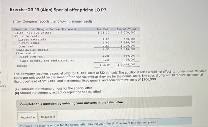 Solved Exercise 23-13 (Algo) Special offer pricing LO P7 | Chegg.com