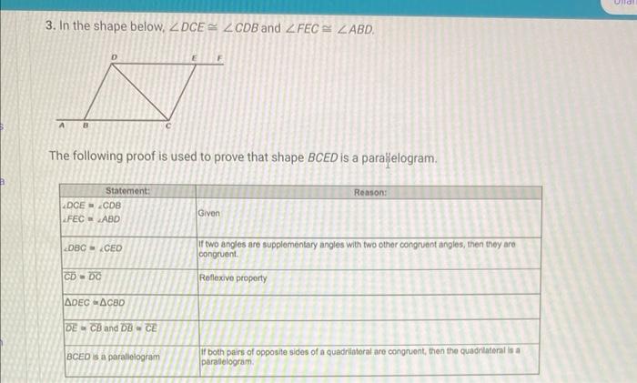 Solved 3. In the shape below, ∠DCE≅∠CDB and ∠FEC≅∠ABD. The | Chegg.com