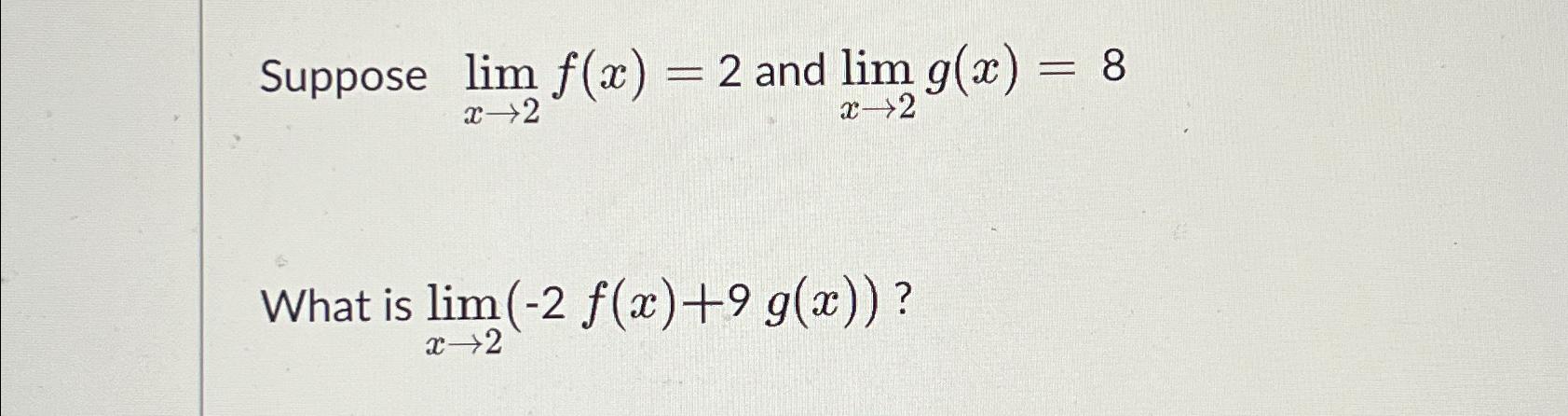 Solved Suppose limx→2f(x)=2 ﻿and limx→2g(x)=8What is | Chegg.com