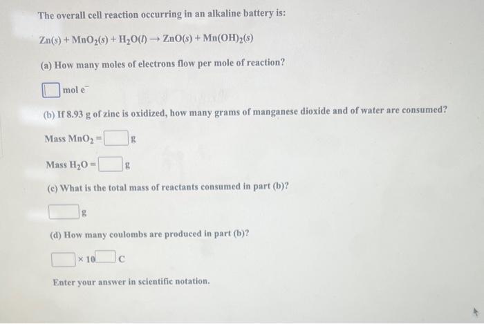 Solved The overall cell reaction occurring in an alkaline | Chegg.com