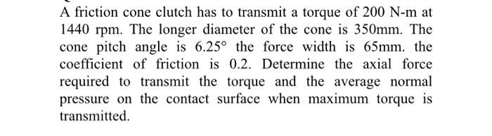 Solved A friction cone clutch has to transmit a torque of | Chegg.com