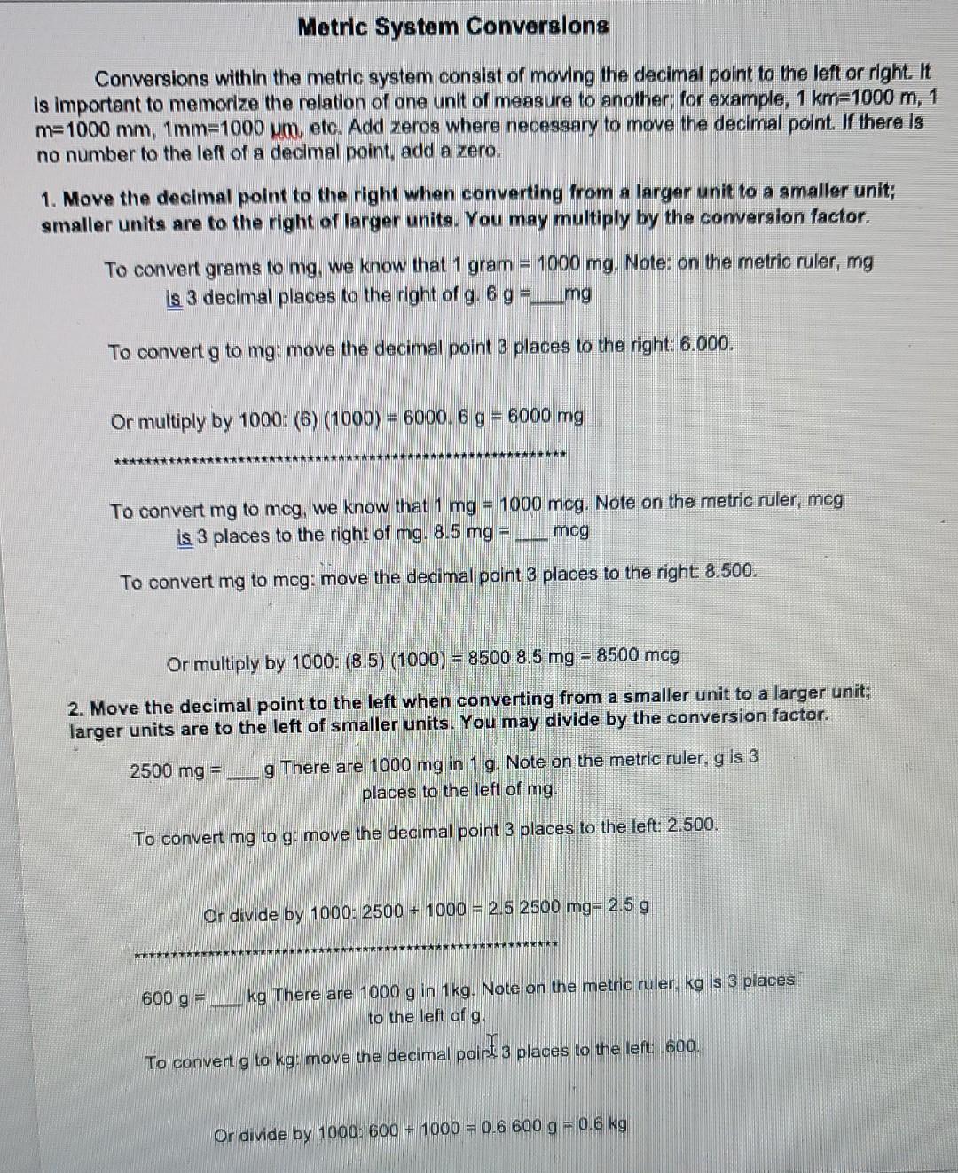 Solved Matric Systom Converslons Conversions within the | Chegg.com