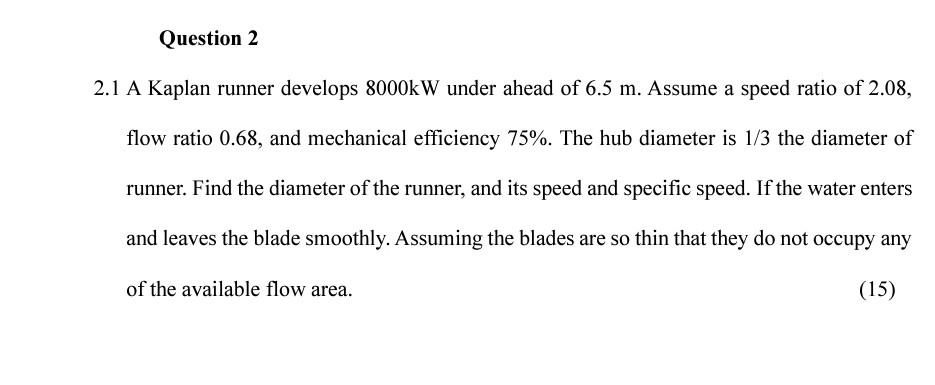 Solved 2.1 A Kaplan runner develops 8000 kW under ahead of | Chegg.com