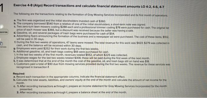 Solved Exercise 4-8 (Algo) Record transactions and calculate | Chegg.com