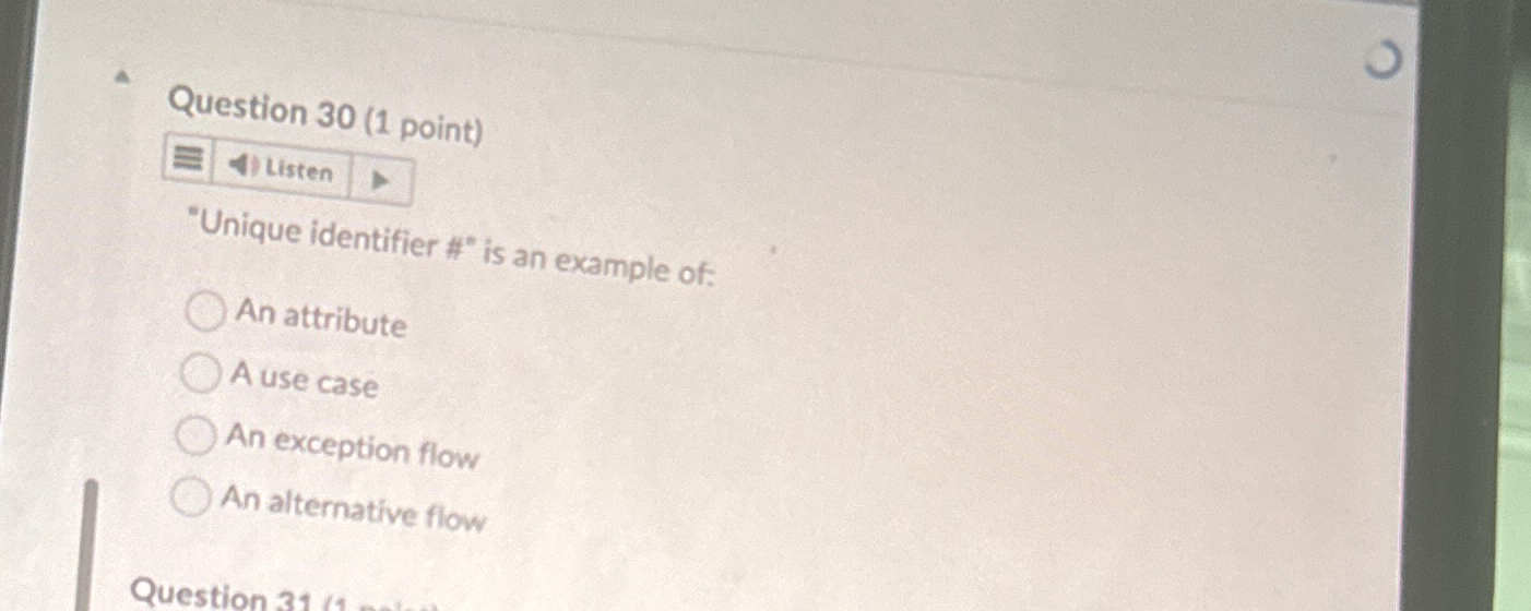 Solved Question 30 (1 ﻿point)Listen"Unique identifier #" ﻿is | Chegg.com