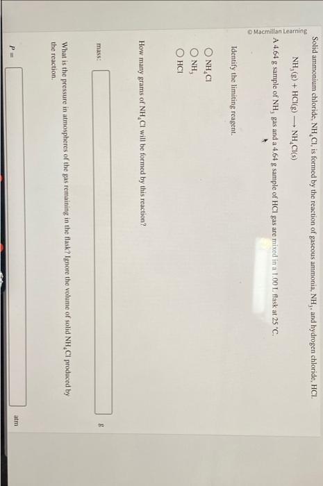 Solved Solid ammonium chloride, NH4CI is formed by the | Chegg.com