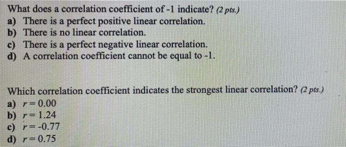 Solved What does a correlation coefficient of -1 indicate? | Chegg.com