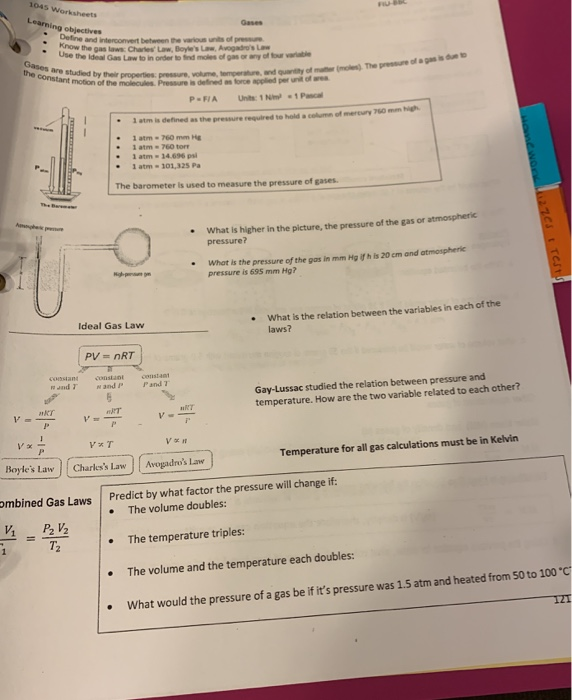 Solved 1045 Worksheets Learning objectives Gases are studied | Chegg.com