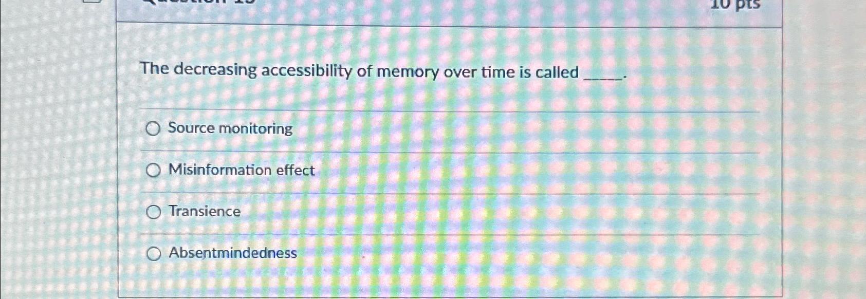 Solved The decreasing accessibility of memory over time is | Chegg.com