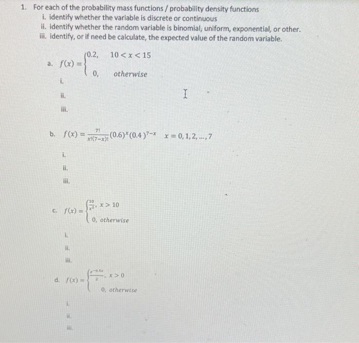 Solved 1. For each of the probability mass functions / | Chegg.com