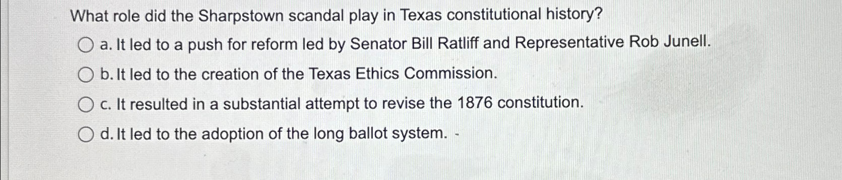 Solved What role did the Sharpstown scandal play in Texas | Chegg.com