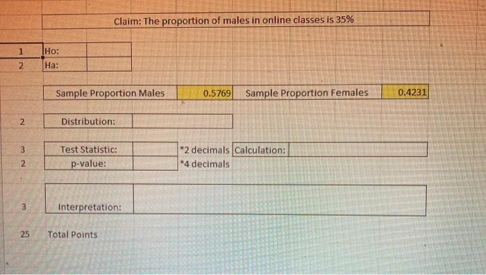 Solved Claim: The proportion of males in online classes is | Chegg.com