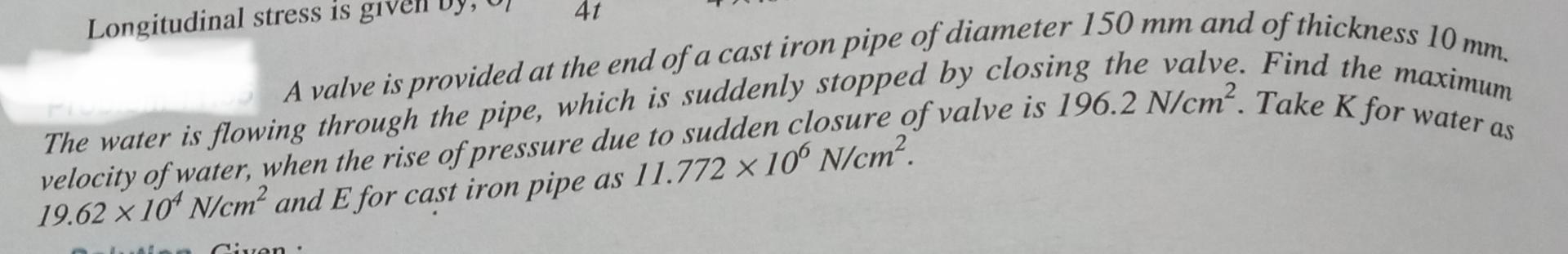 Solved A valve is provided at the end of a cast iron pipe of | Chegg.com