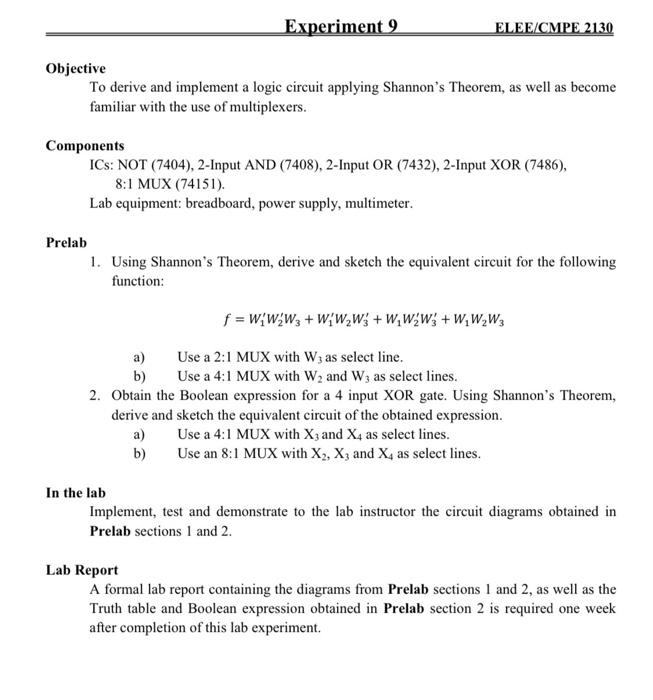 Solved Experiment 9 ELEE/CMPE 2130 Objective To derive and | Chegg.com
