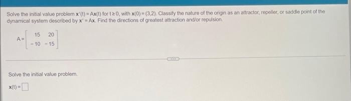 Solved Solve the initial value problem x′(t)=Ax(t) for t≥0, | Chegg.com