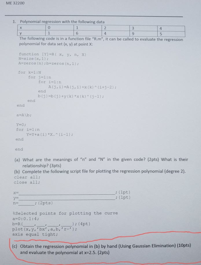 Solved ME 32200 1. Polynomial regression with the following | Chegg.com