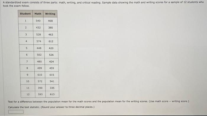 Solved A standardized exam consists of three parts: math, | Chegg.com