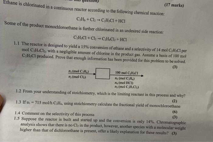 Ethane is chlorinated in a continuous reactor | Chegg.com