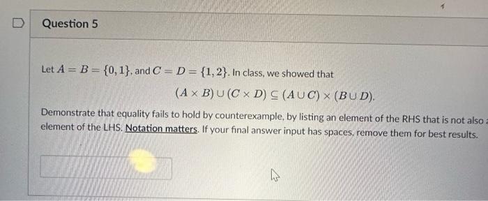 Solved Let A=B={0,1}, and C=D={1,2}. In class, we showed | Chegg.com