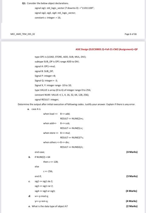 Solved Q1: Consider the below object declarations signal | Chegg.com