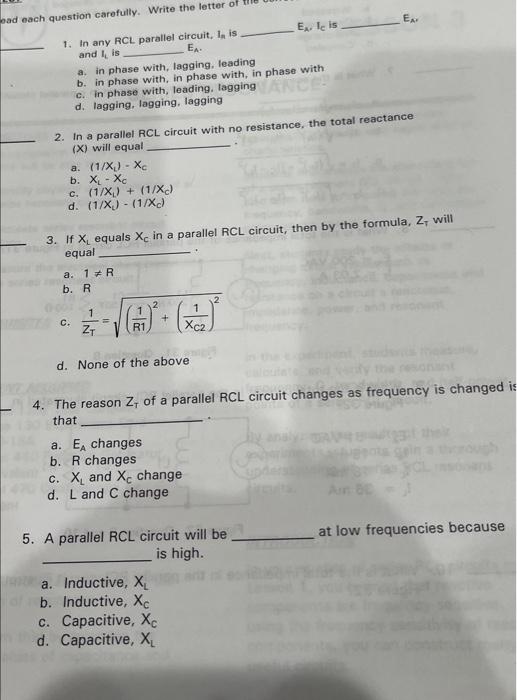 Solved 1. In any RCL parallel circuit, ln is EX,IC is EN and | Chegg.com