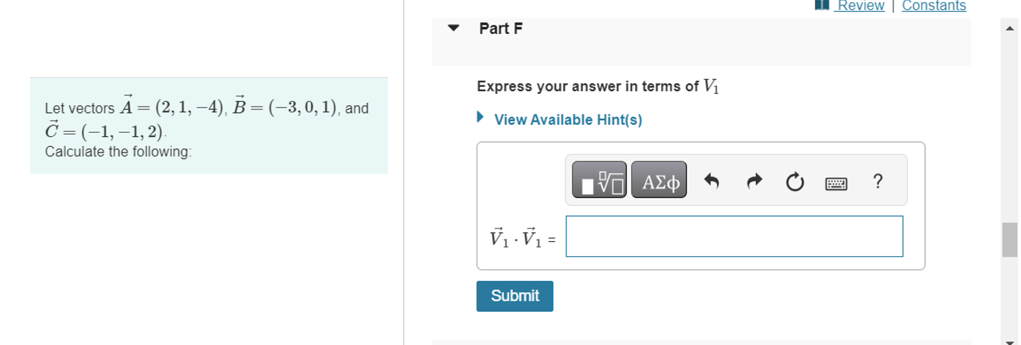 Part FLet vectors vec(A)=(2,1,-4),vec(B)=(-3,0,1), | Chegg.com