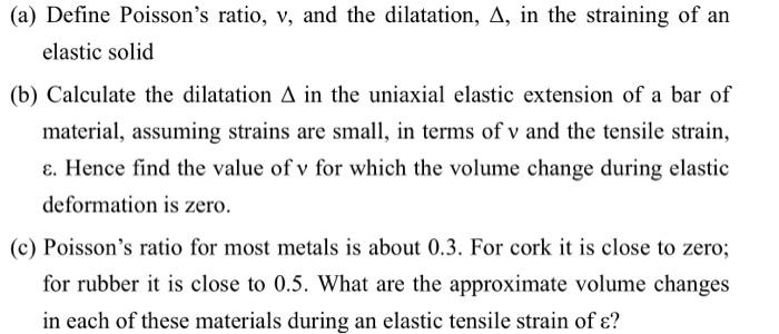 Solved (a) Define Poisson's ratio, v, and the dilatation, Δ, | Chegg.com