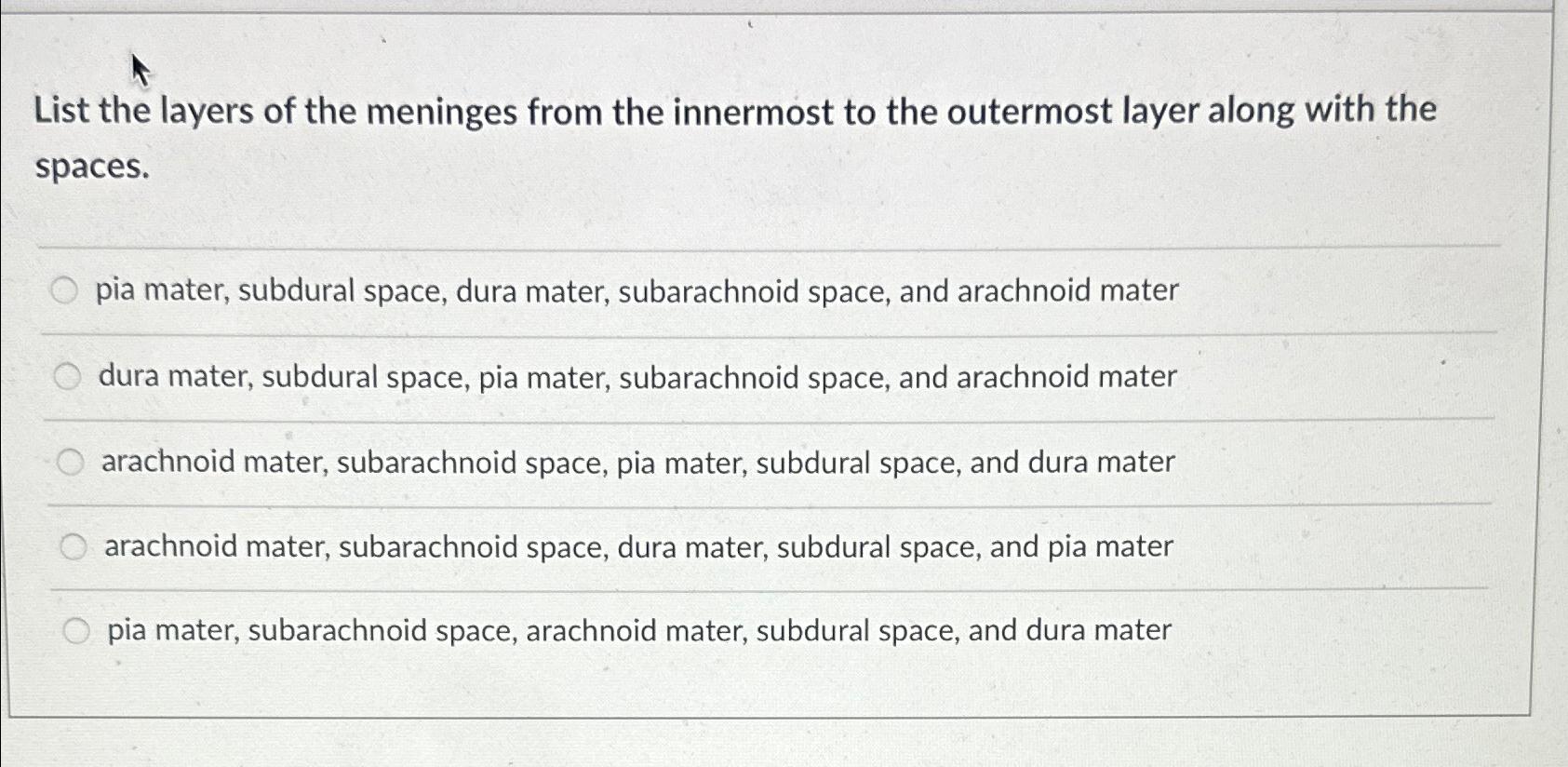 Solved List the layers of the meninges from the innermost to | Chegg.com
