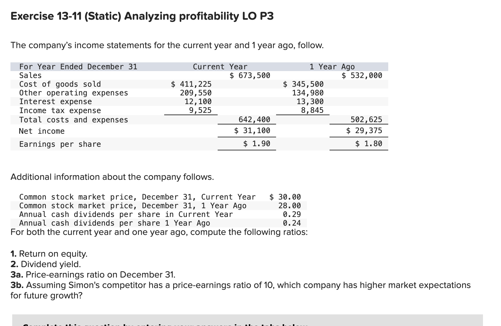 Solved Exercise 13-11 (Static) ﻿Analyzing profitability LO | Chegg.com