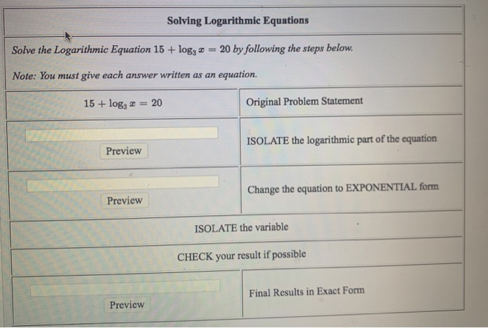 Solved Solving Logarithmic Equations Solve the Logarithmic | Chegg.com