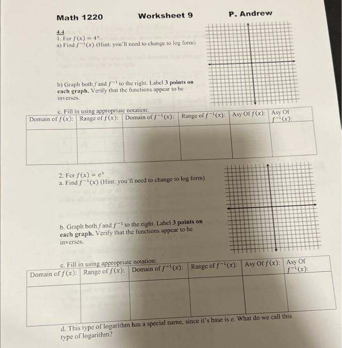 Solved Math 1220 Worksheet 9 1, For f(x)=4x4.4 a) Find | Chegg.com