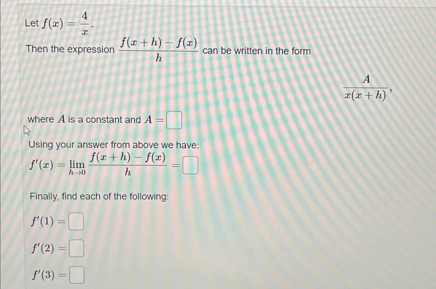Solved Let f(x)=4x.Then the expression f(x+h)-f(x)h ﻿can be | Chegg.com