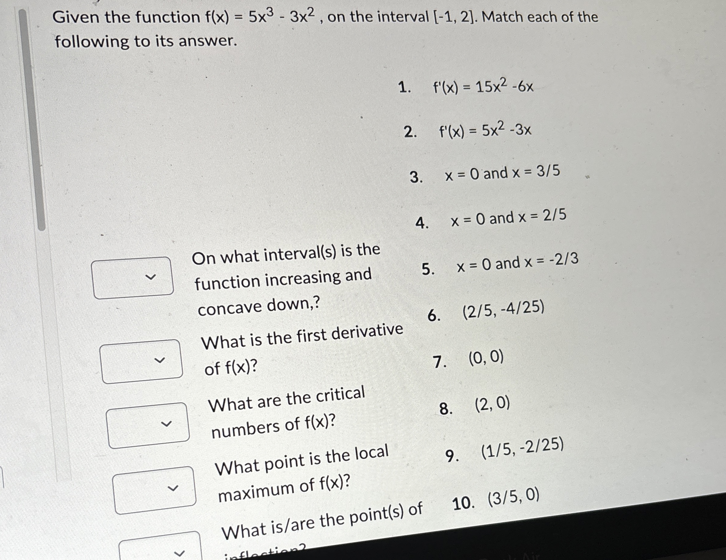 Solved Given the function f(x)=5x3-3x2, ﻿on the interval | Chegg.com
