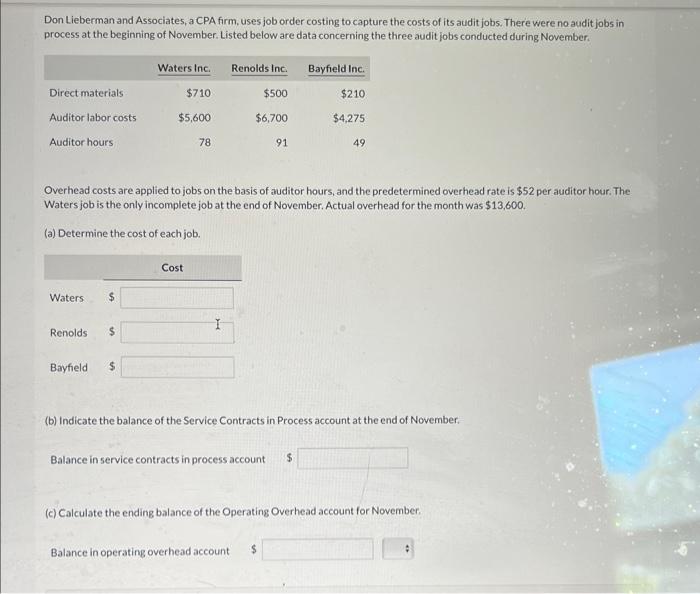 Solved Don Lieberman and Associates, a CPA firm, uses job | Chegg.com