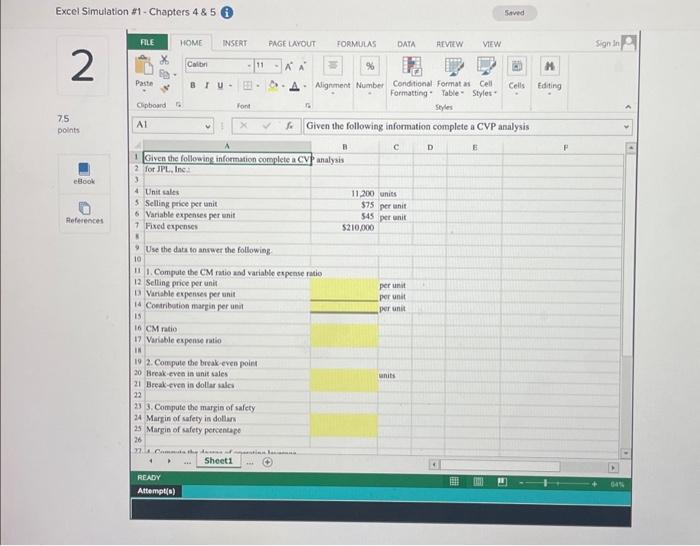 Solved CVP Analysis using Excel's Basic Math Functions JPL, | Chegg.com