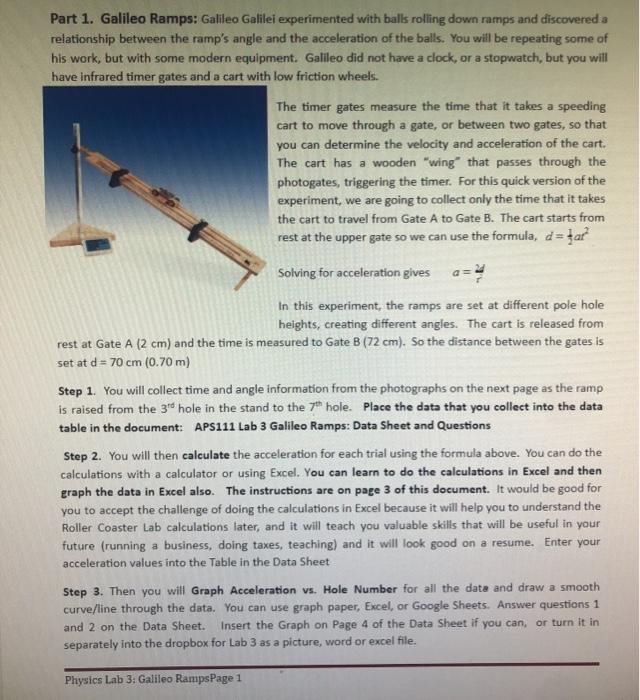 Solved Part 1. Galileo Ramps: Galileo Galilei experimented | Chegg.com