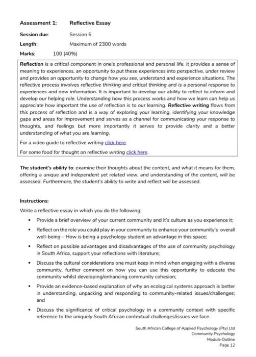Solved Assessment 1: Session due: Length: Marks: Reflective | Chegg.com