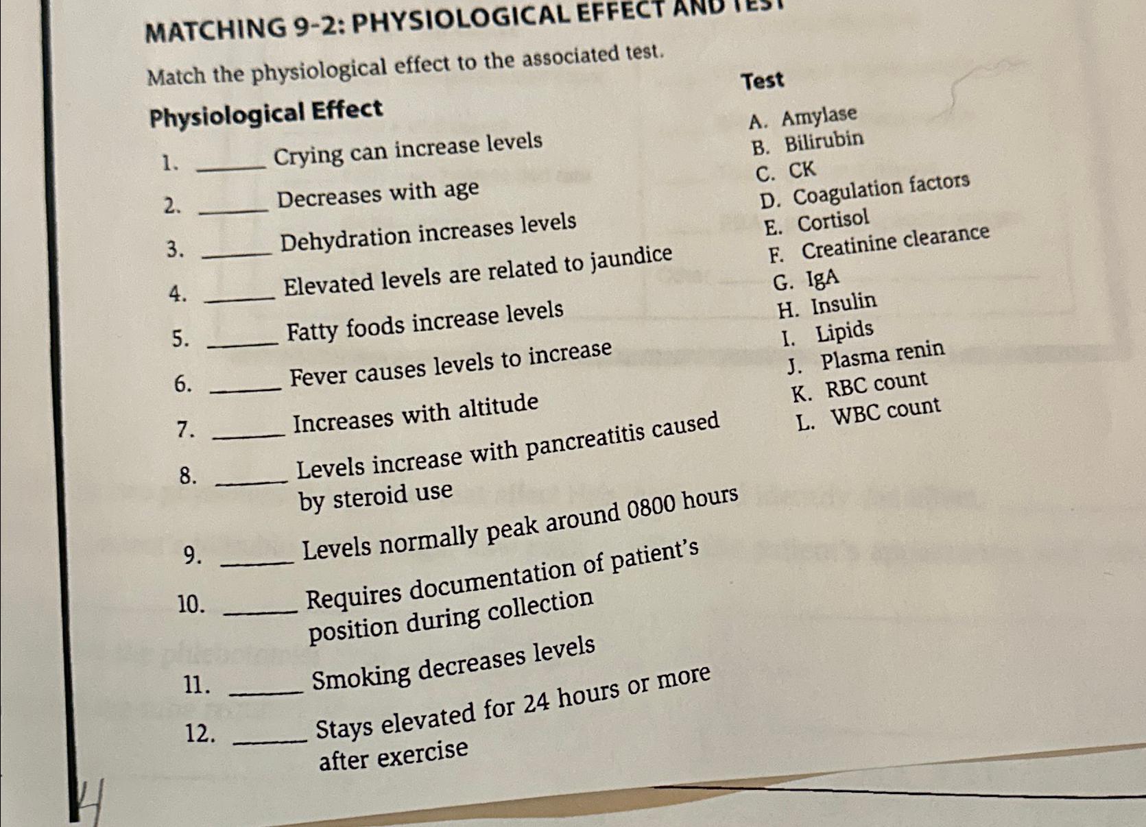 Solved MATCHING 9-2: PHYSIOLOGICAL EFFECT ANDMatch the | Chegg.com
