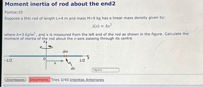 Solved Moment inertia of rod about the end 2 Puntos: 10 | Chegg.com