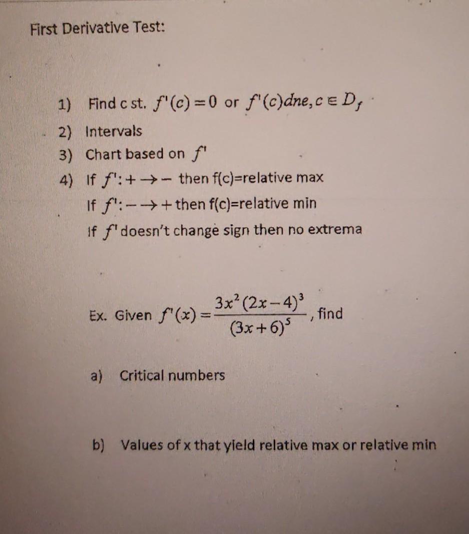Solved First Derivative Test: 1) Find c st. f'(c) = 0 or | Chegg.com