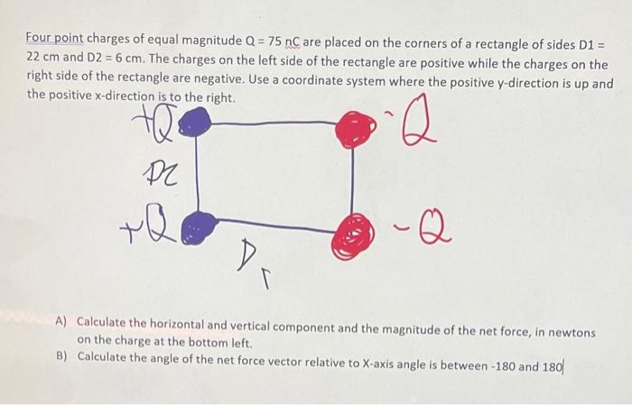 Solved Four point charges of equal magnitude Q=75nC are | Chegg.com