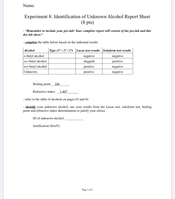Name: Experiment 8: Identification of Unknown Alcohol | Chegg.com