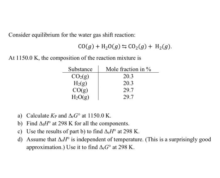 Solved Consider equilibrium for the water gas shift | Chegg.com