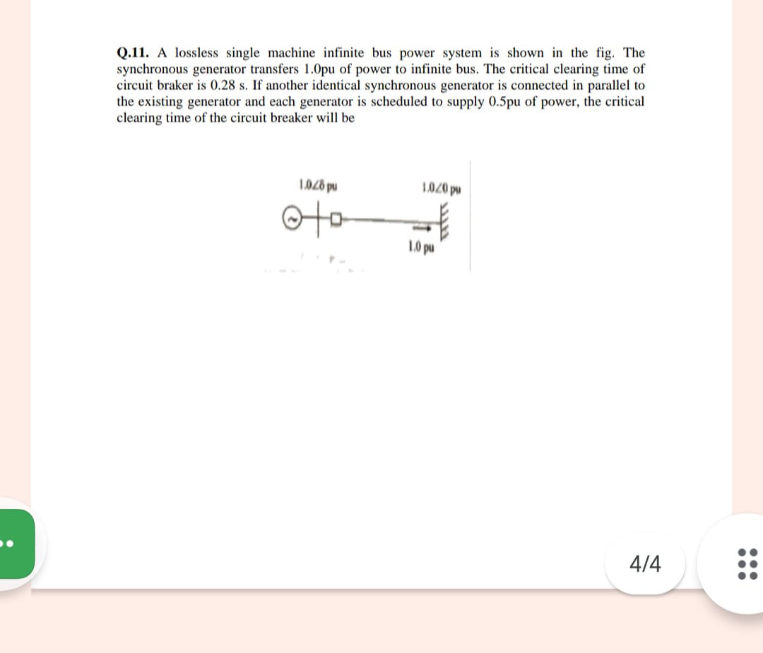 Solved Q.11. ﻿A lossless single machine infinite bus power | Chegg.com