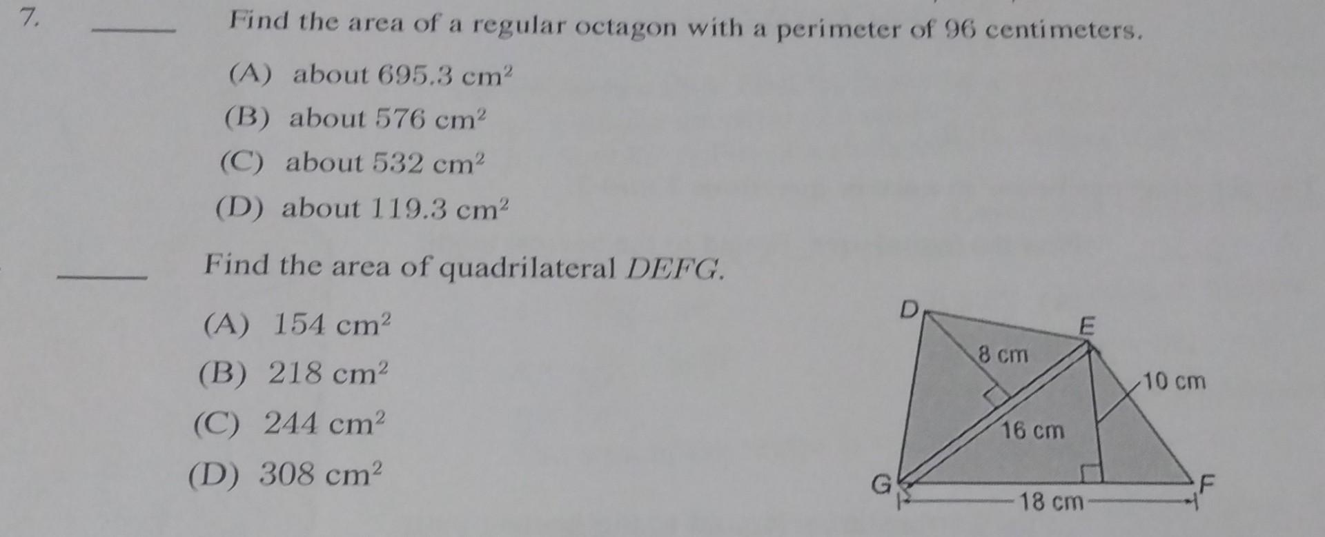 Solved Find the area of a regular octagon with a perimeter | Chegg.com