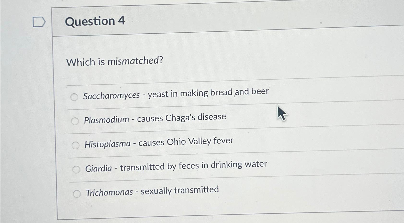 Solved Question 4Which is mismatched?Saccharomyces - ﻿yeast | Chegg.com