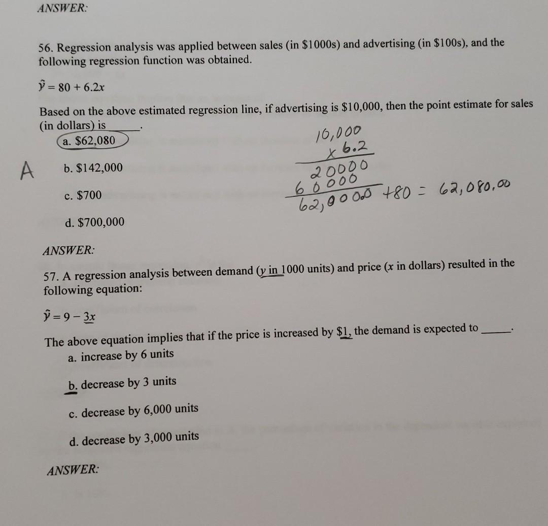 Solved ANSWER 56 Regression Analysis Was Applied Between Chegg