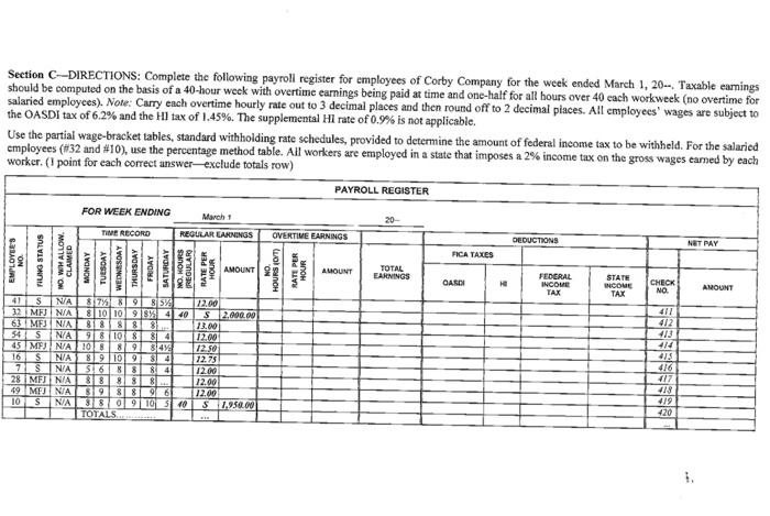 Section C-DIRECTIONS: Complete the following payroll | Chegg.com