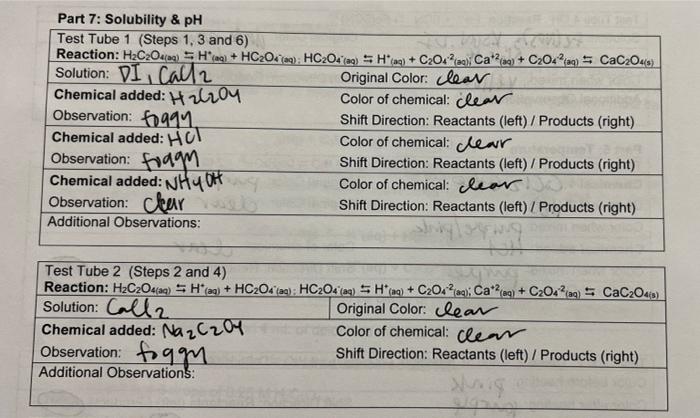 Solved Part 7: Solubility \& pH Test Tube 2 (Steps 2 and 4 ) | Chegg.com